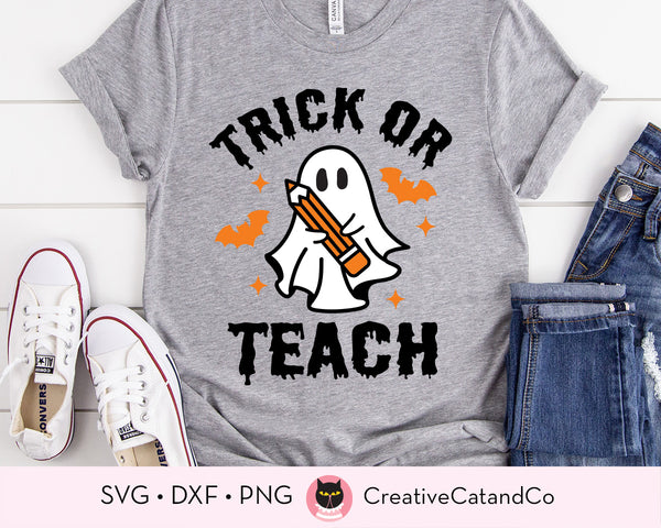 Trick or Teach Teacher Halloween Ghost with Pencil SVG | CreativeCatandCo