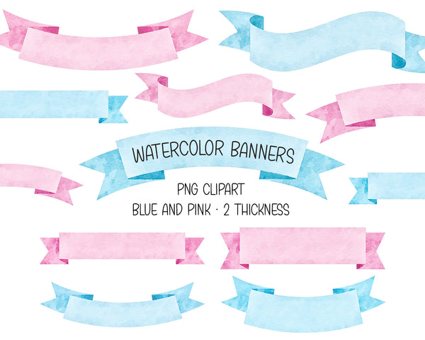 Watercolor Ribbon Banner PNG Clipart Pink and Blue | CreativeCatandCo
