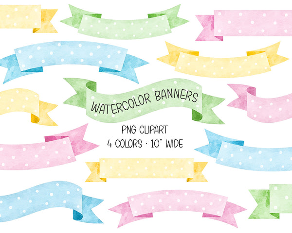Watercolor Polka Dot Ribbon Banners PNG Clipart Bundle | CreativeCatandCo