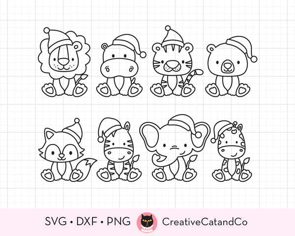 Christmas Animals with Santa Hat Outline Coloring SVG | CreativeCatandCo