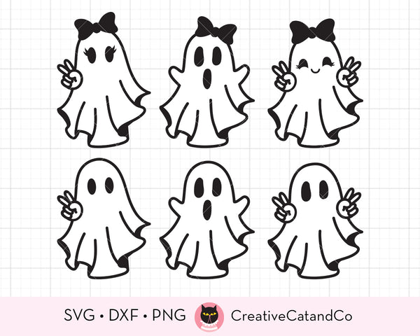 Cute Halloween Sheet Ghost Boy Girl Peace Hand Sign SVG | CreativeCatandCo