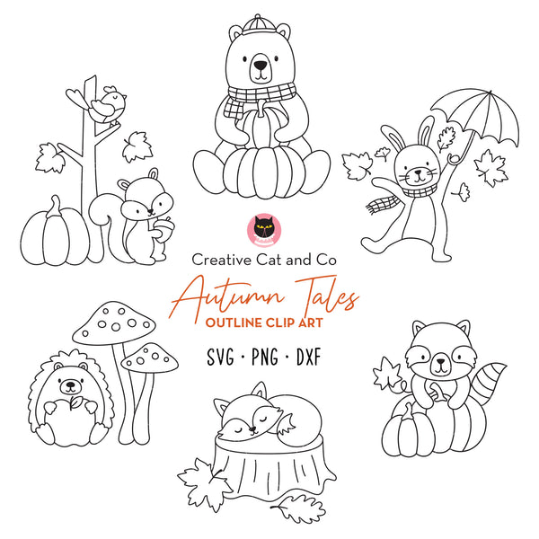 Fall Animals Outline SVG PNG DXF | Woodland Line Art Clipart for ...