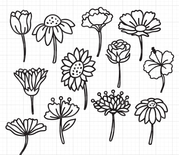 Single Flower Side View Doodles Outline Bundle Svg | CreativeCatandCo