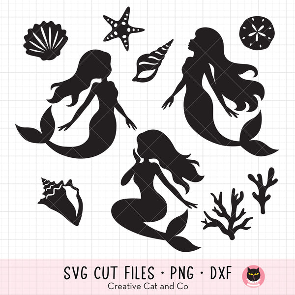Mermaid and Seashell Silhouette Bundle SVG PNG | CreativeCatandCo