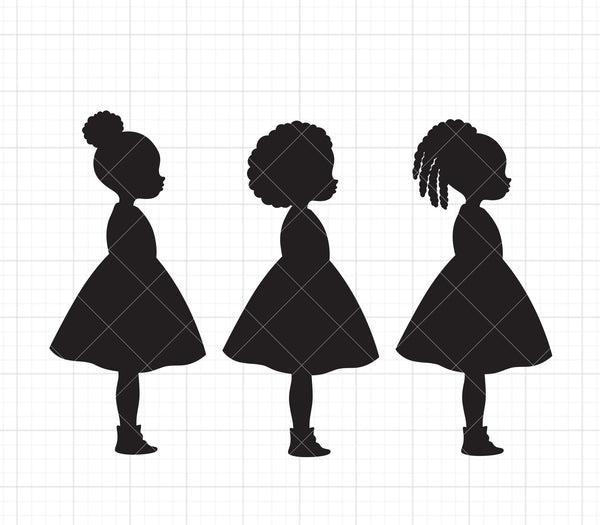 Little Black Girls Silhouette SVG PNG DXF | Side View Girls in Dresses ...