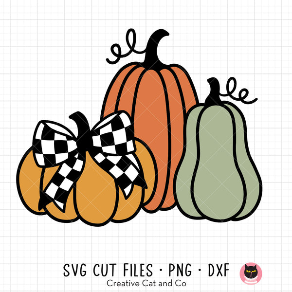 Group of Three Decorative Pumpkins with Bow SVG PNG | CreativeCatandCo