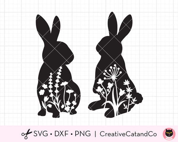 Bunny Rabbit Silhouette with Spring Flowers SVG | CreativeCatandCo