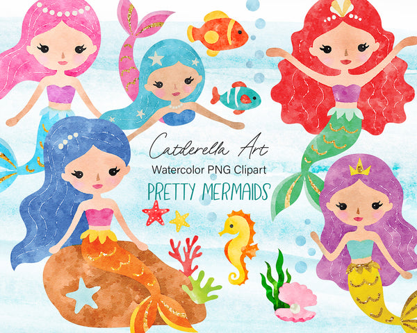 Watercolor Mermaid Princess PNG Clipart | CreativeCatandCo