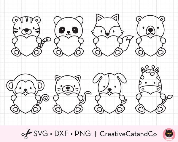Outline Valentine Animals Holding Hearts SVG Files | CreativeCatandCo