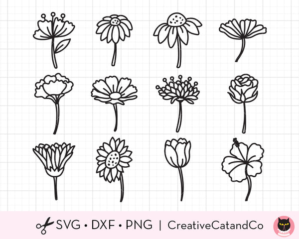Single Flower Side View Doodles Outline Bundle Svg | CreativeCatandCo