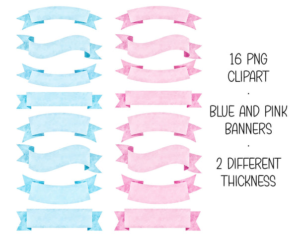 Watercolor Ribbon Banner PNG Clipart Pink and Blue | CreativeCatandCo